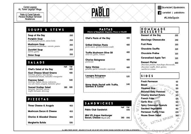 Menu at Pablo restaurant, Makati, Salcedo Village