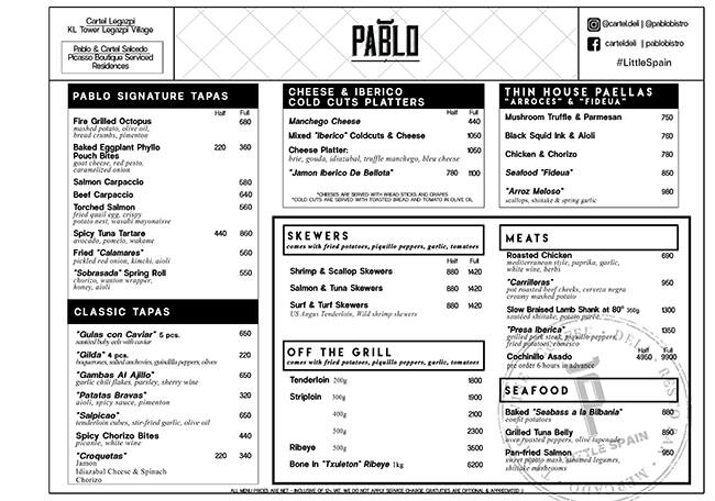 Menu at Pablo restaurant, Makati, Salcedo Village
