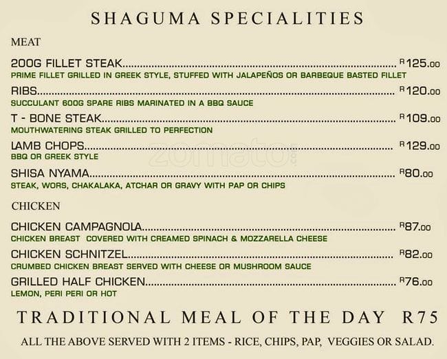 Menu at Shaguma Garden Cafe, Midrand