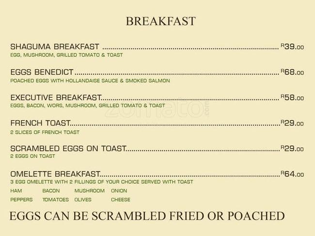 Menu at Shaguma Garden Cafe, Midrand