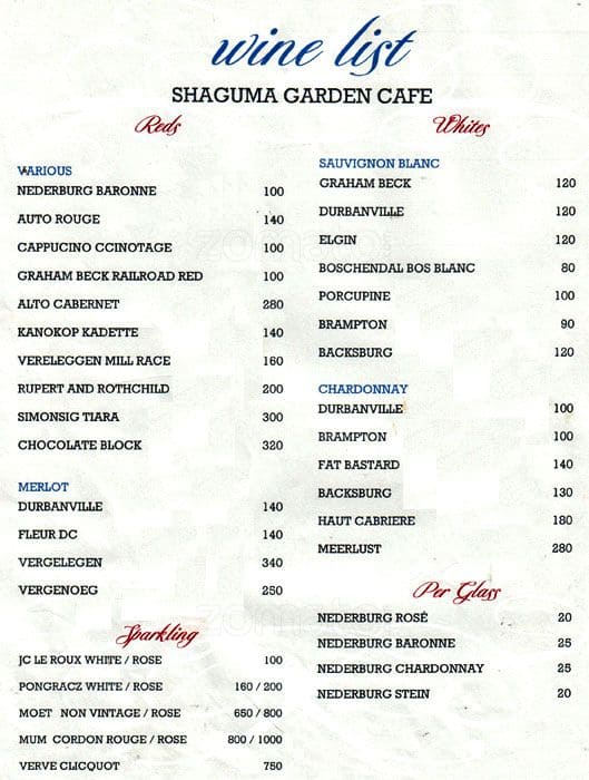 Menu at Shaguma Garden Cafe, Midrand