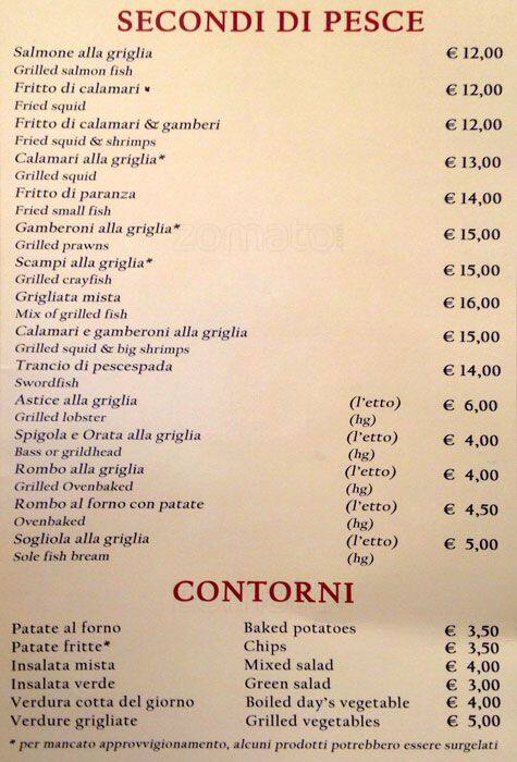 Menu at Le Valli pizzeria, Rome