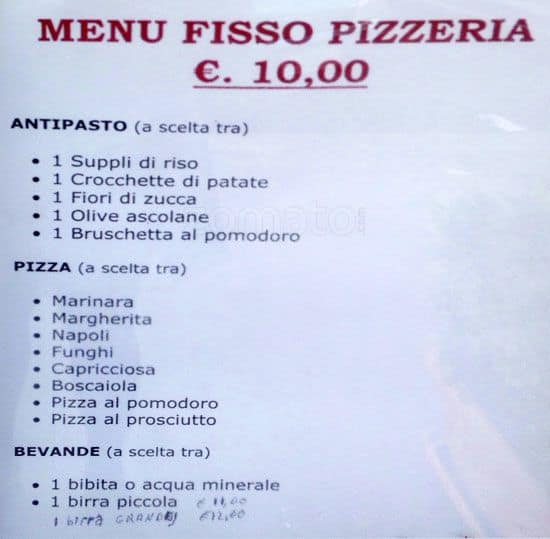 Menu at Le Valli pizzeria, Rome