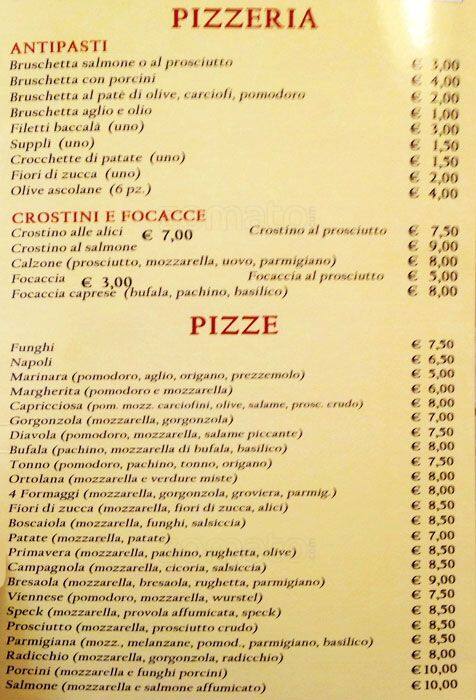 Menu at Le Valli pizzeria, Rome