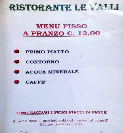 Menu at Le Valli pizzeria, Rome