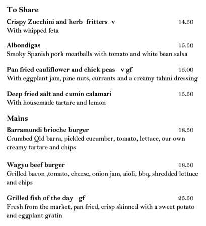 Menu at Sydney Dance Cafe, Dawes Point, 15/17 Hickson Rd