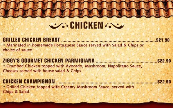 Menu at Ziggy's cafe, Glebe