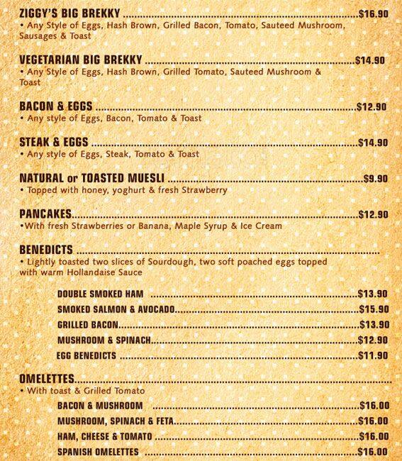 Menu at Ziggy's cafe, Glebe