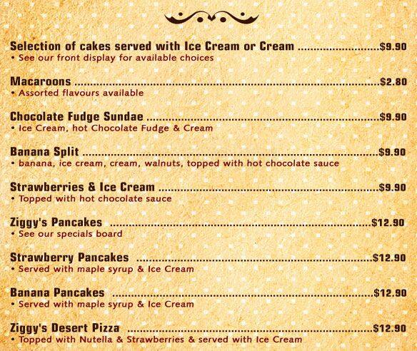 Menu at Ziggy's cafe, Glebe