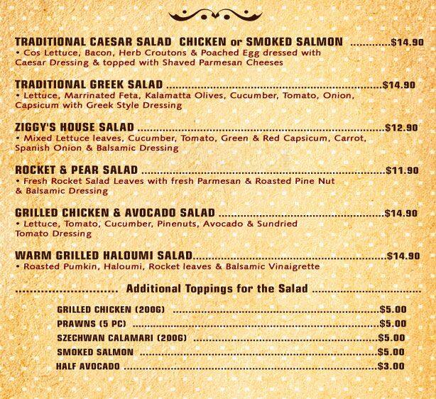 Menu at Ziggy's cafe, Glebe