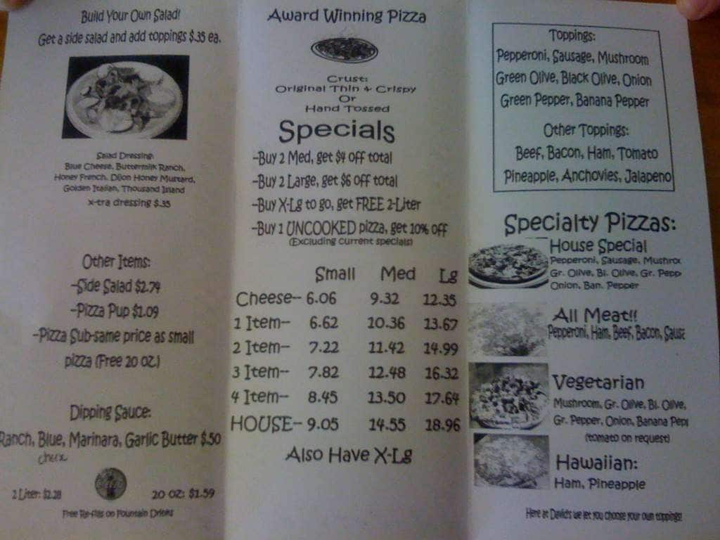 Menu at David's Pizza pizzeria, Lebanon