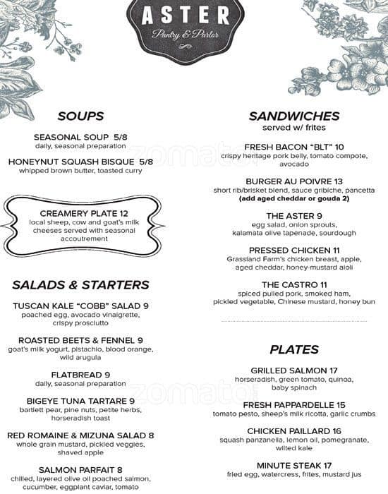 Menu at Aster Pantry & Parlor restaurant, Syracuse