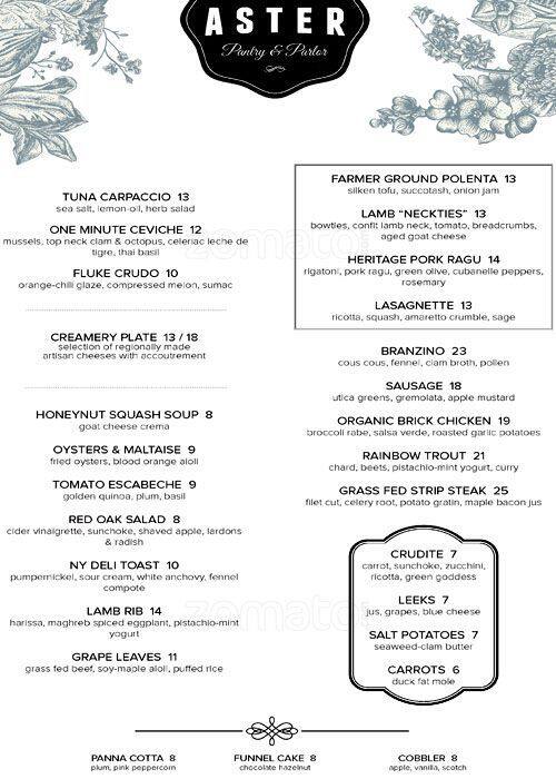Menu at Aster Pantry & Parlor restaurant, Syracuse
