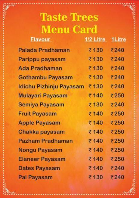 Menu of Taste Trees Payasakada, Kadavanthra, Kochi
