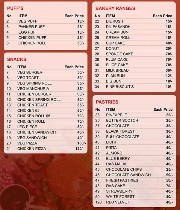 Menu of Brm Bakers Hub, Langer Houz, Hyderabad