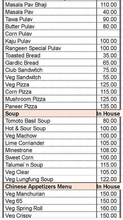 Menu at Rangeen Pure Veg, Pune