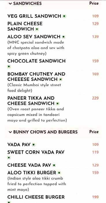 Menu at Midnight Cafeteria, Bengaluru