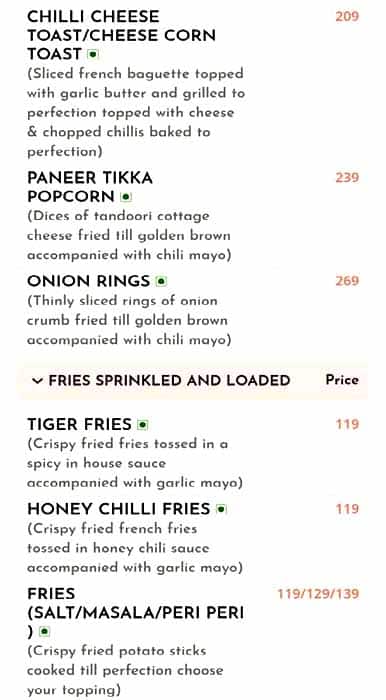 Menu at Midnight Cafeteria, Bengaluru