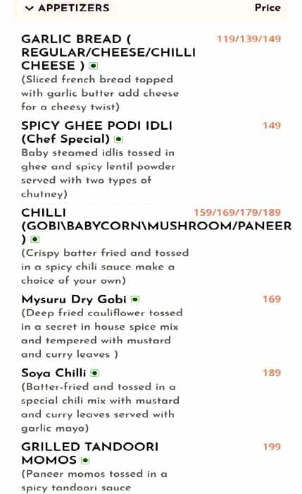 Menu at Midnight Cafeteria, Bengaluru