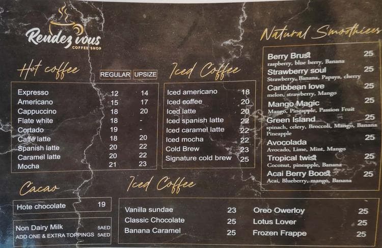 Menu of Rendez Vous Coffee Shop- The Manor by JA, Al Furjan, Dubai