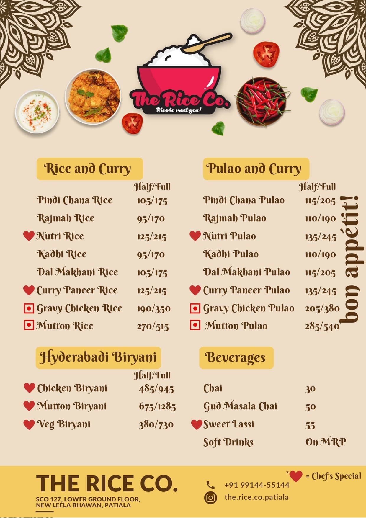 Menu of The Rice Co., Model Town, Patiala