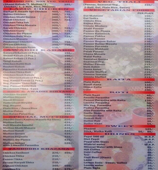 Darbar E Awadh Menu, Menu for Darbar E Awadh, INA, New Delhi - Zomato