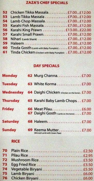 Menu at Zaiqa London restaurant, London, 108a Whitechapel Rd