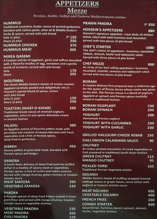 Hosseins Persian Kebab Menu, Menu for Hosseins Persian Kebab, Bel-Air ...
