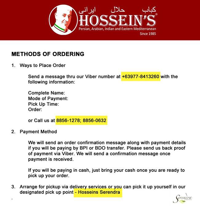 Menu at Hossein restaurant, Taguig