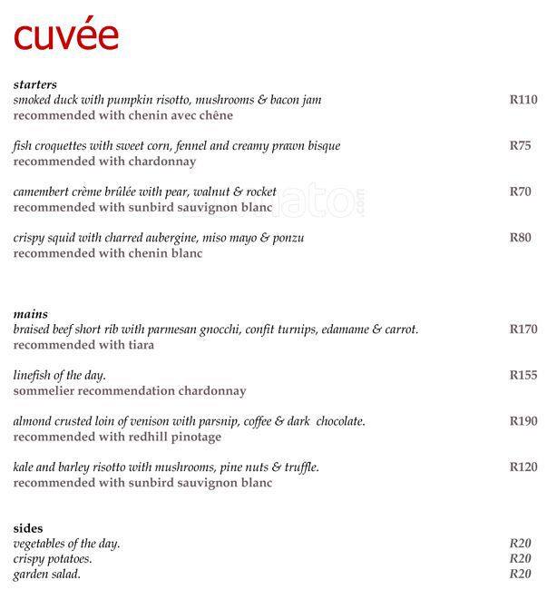 Menu at Cuvée Restaurant, Cape Town
