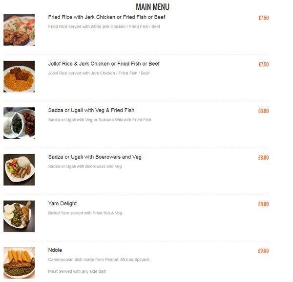 Menu at African Village restaurant, Birmingham