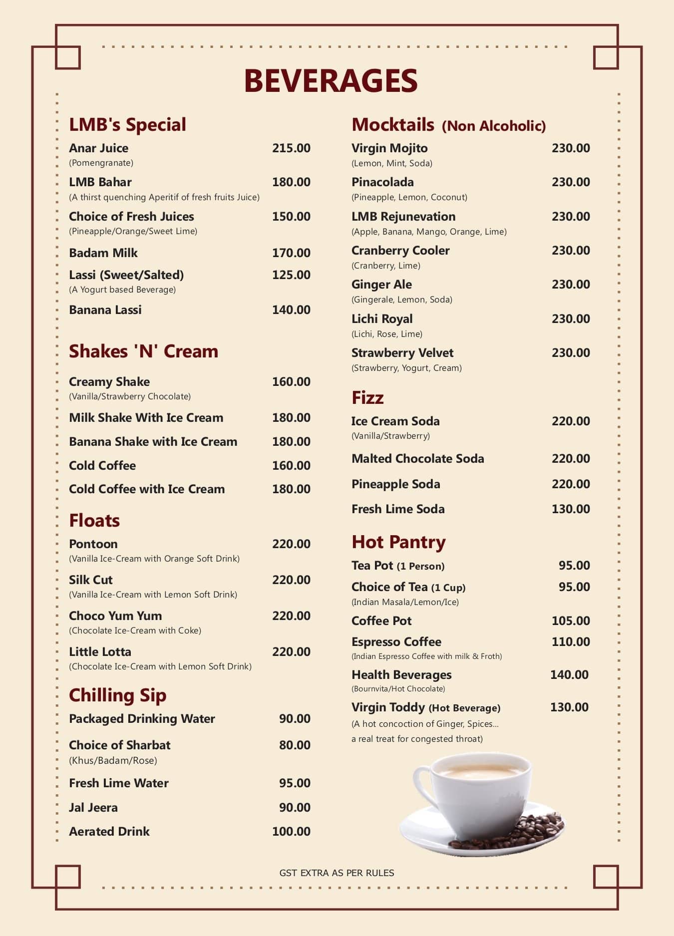 Menu of Laxmi Misthan Bhandar - LMB, Pink City, Jaipur