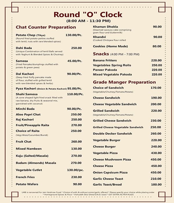 Menu of Laxmi Misthan Bhandar - LMB, Pink City, Jaipur