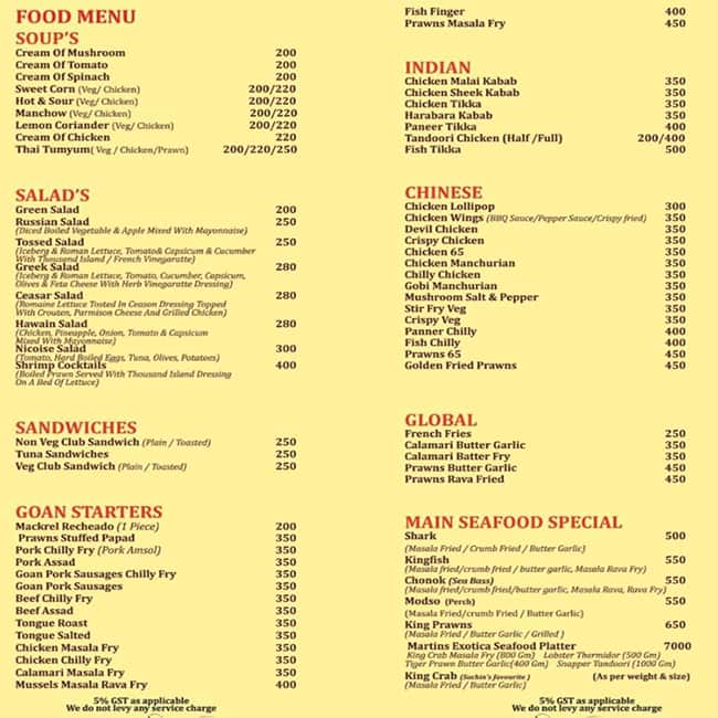 Menu of Martin's Corner, Betalbatim, Goa