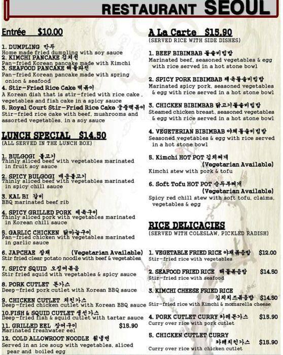 Menu at Seoul Restaurant, Adelaide