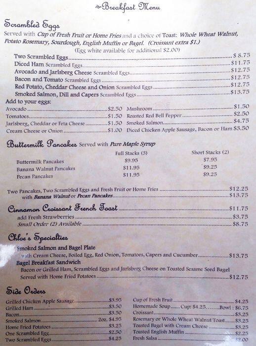 Menu at Chloe's Cafe, San Francisco