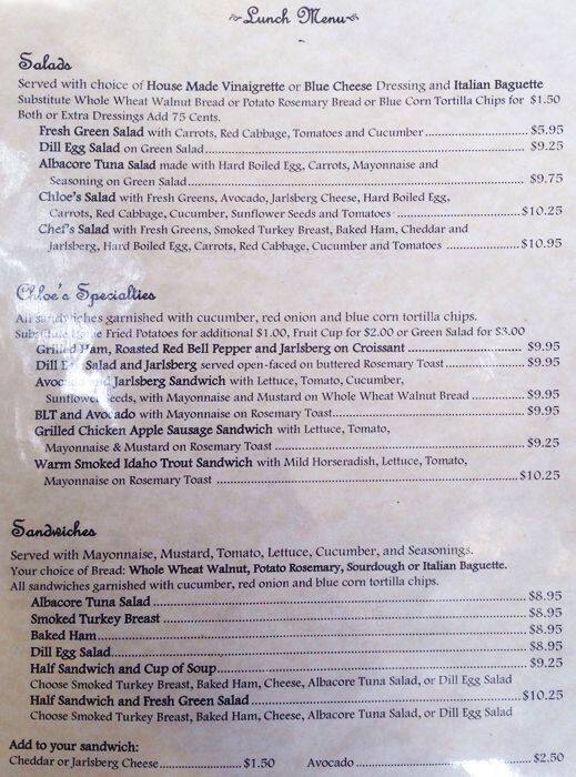 Menu at Chloe's Cafe, San Francisco