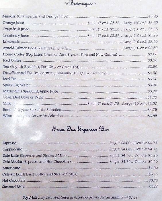 Menu at Chloe's Cafe, San Francisco