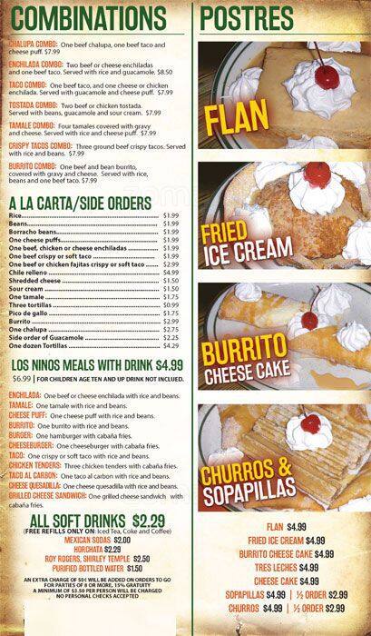 Menu at La Cabana restaurant, Spring, Louetta Rd