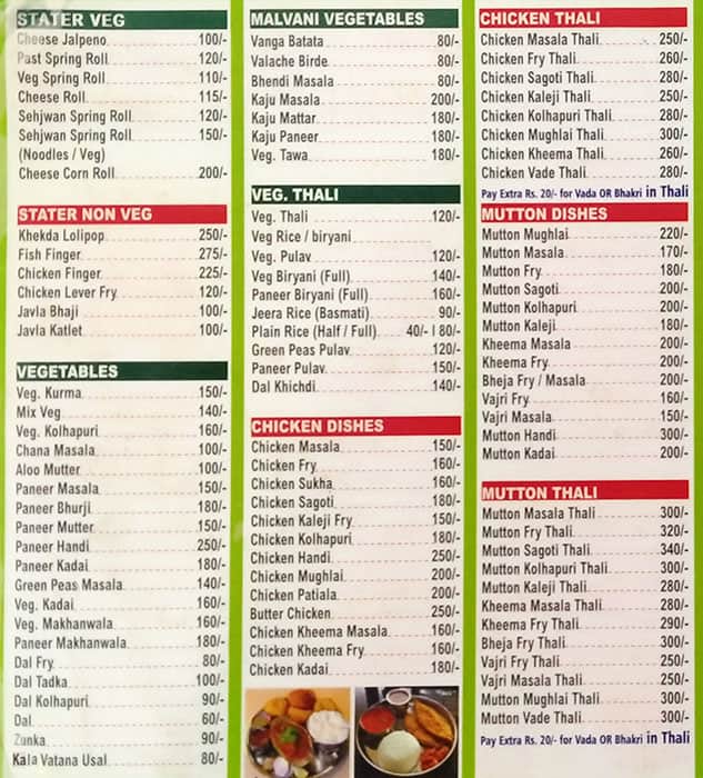 Menu of Sarang Malavni Katta, Prabhadevi, Mumbai