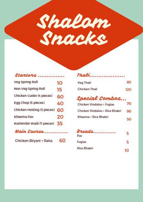 Menu of Shalom Snacks, Virar, Mumbai