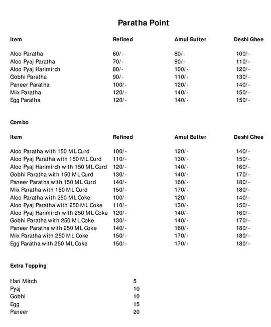 Menu of Paratha Point, Beta 1, Greater Noida