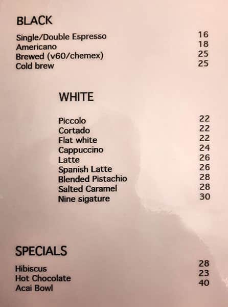 Menu of Nine Cafe, Dafan Al Khor, Ras al-Khaimah