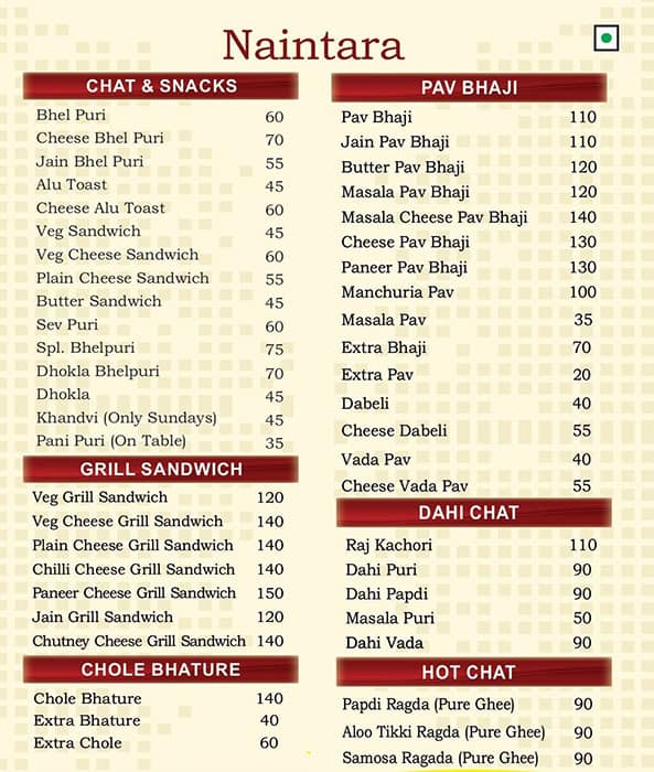 Menu at Naintara, Hyderabad