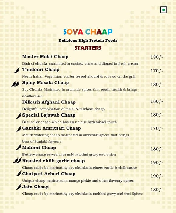 Menu at Naintara, Hyderabad