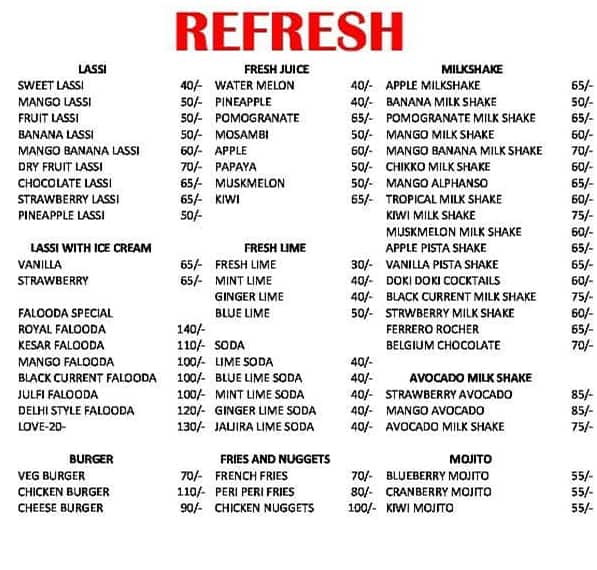 Menu of Refresh, Jayanagar, Bangalore
