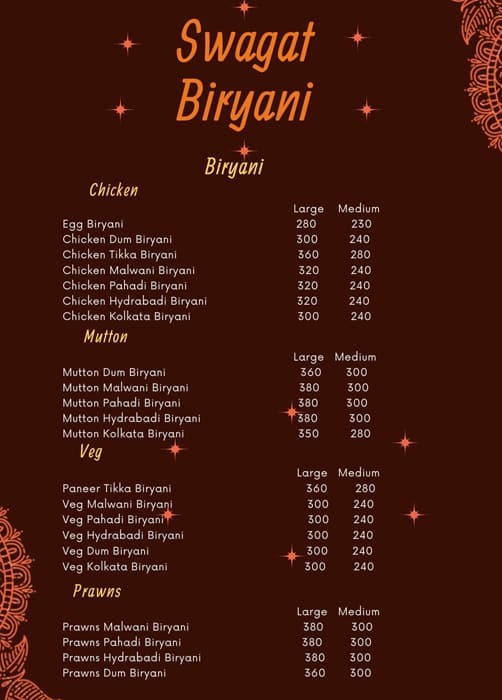 Menu of Swagat Biryani, Kurla, Mumbai