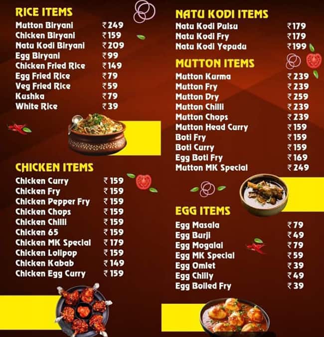 Menu of MK Family Restaurant, Yelahanka, Bangalore