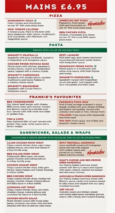 Menu at Little Frankie's restaurant, London, 7 Whitehall SW1A 2DD