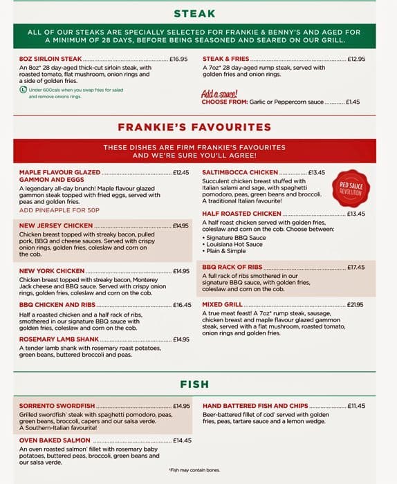 Menu at Little Frankie's restaurant, London, 7 Whitehall SW1A 2DD